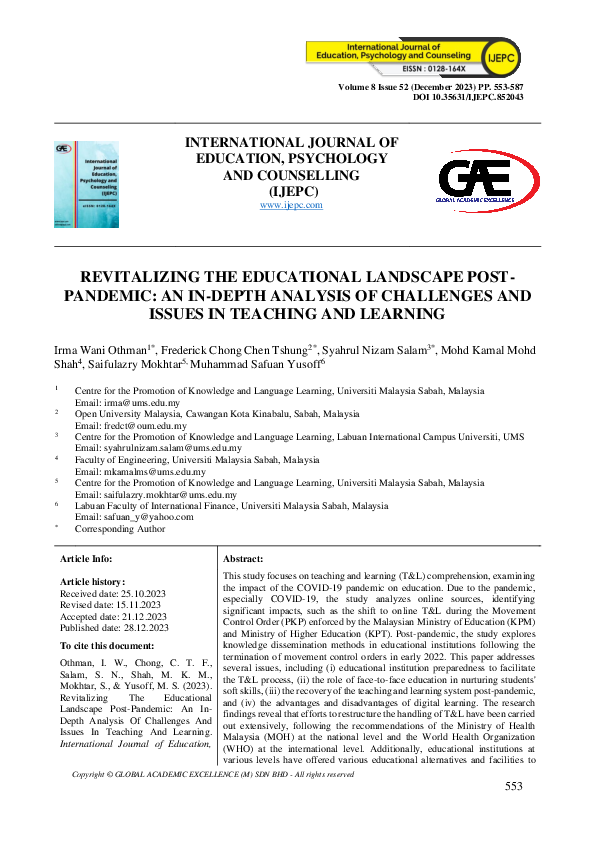 (PDF) Revitalizing the Educational Landscape Post-Pandemic: An In-Depth Analysis of Challenges ...