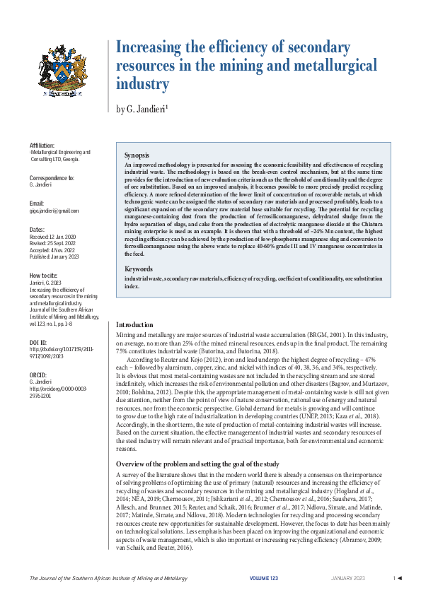 (PDF) . The Journal of the SAIMM - Jandieri