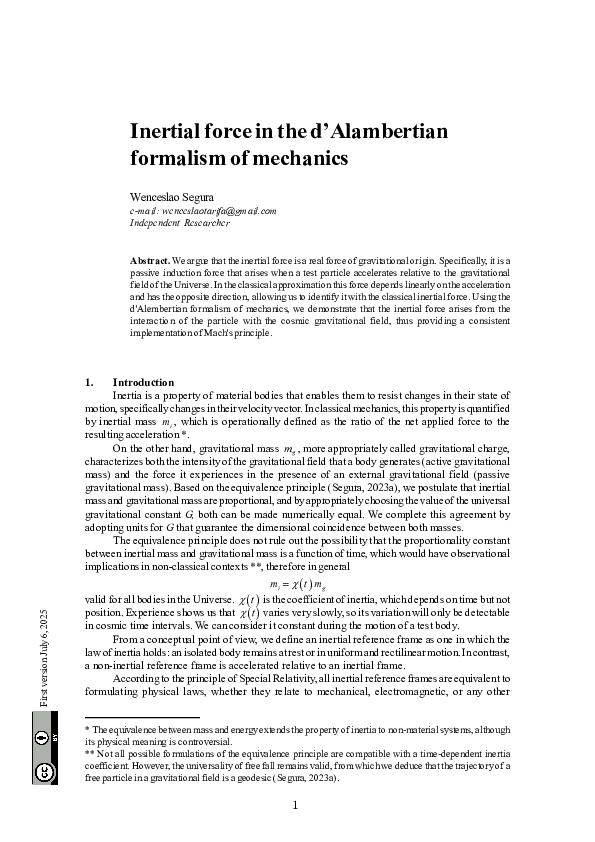 (PDF) Inertial force in the d'Alambertian formalism of mechanics