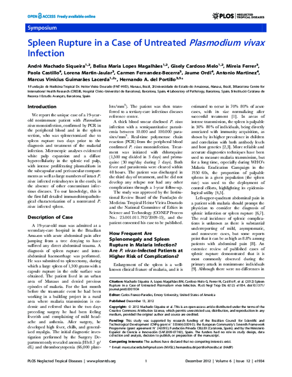 (PDF) Spleen Rupture in a Case of Untreated Plasmodium vivax Infection