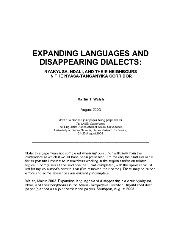 (PDF) Expanding languages and disappearing dialects: Nyakyusa, Ndali ...