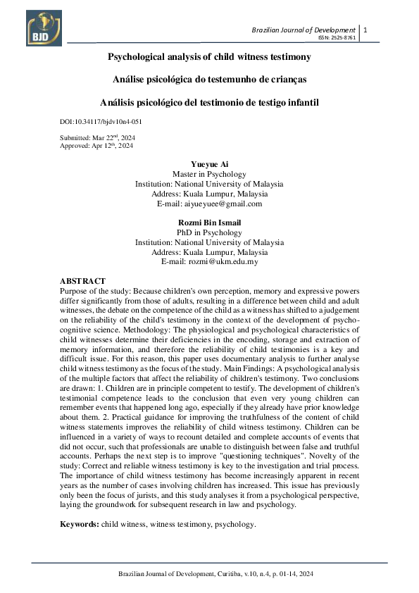 (PDF) Psychological analysis of child witness testimony