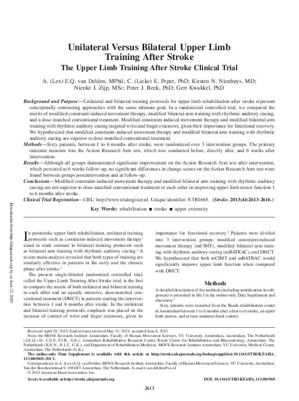 (PDF) Unilateral Versus Bilateral Upper Limb Training After Stroke