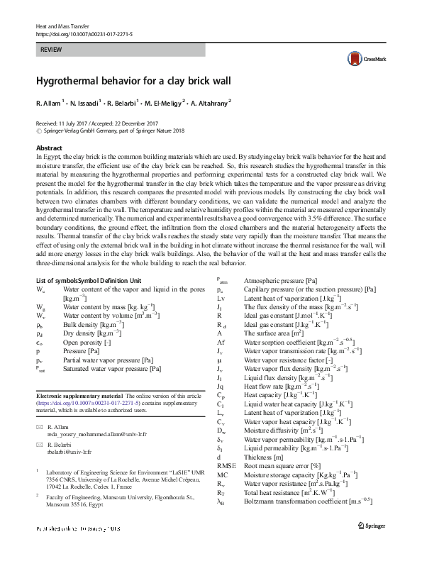 (PDF) Hygrothermal behavior for a clay brick wall