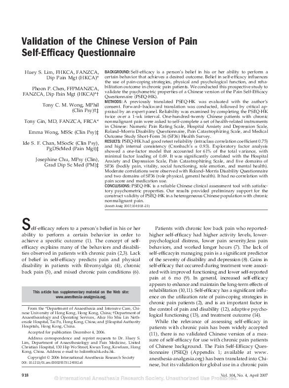 (PDF) Validation of the Chinese Version of Pain Self-Efficacy Questionnaire