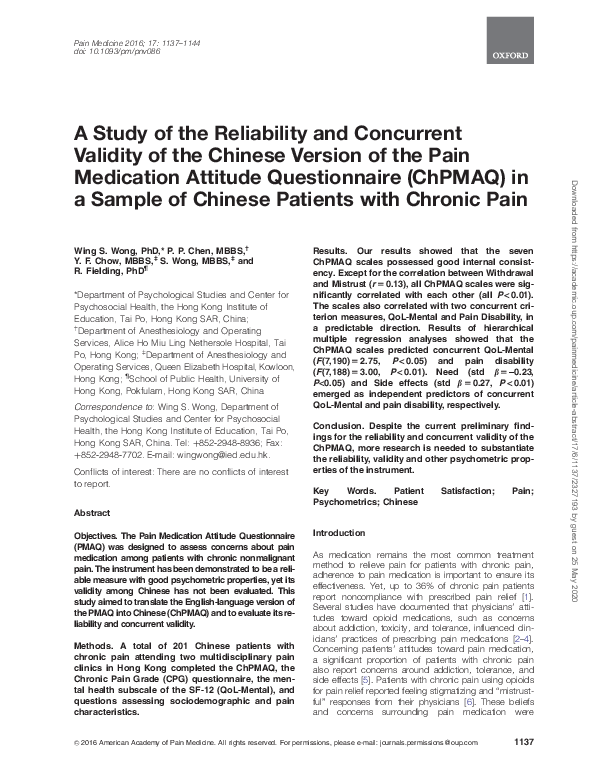 (PDF) A Study of the Reliability and Concurrent Validity of the Chinese ...
