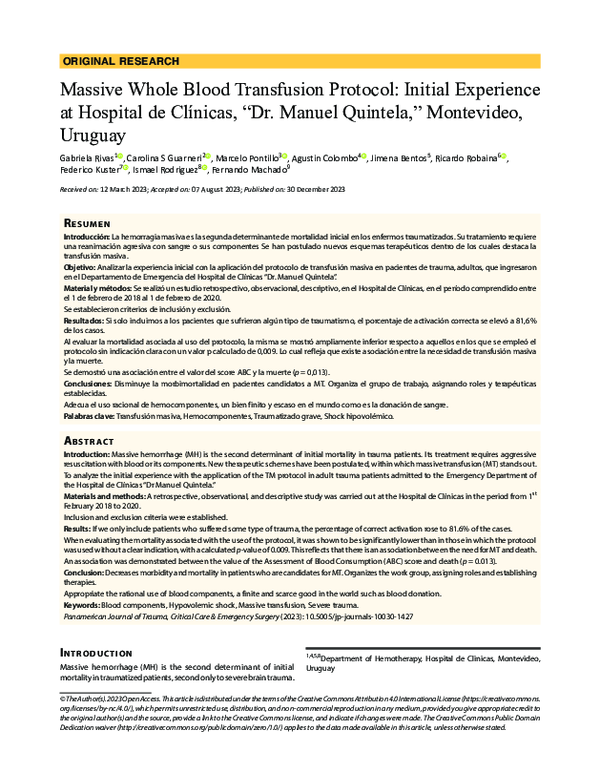 (PDF) Massive Whole Blood Transfusion Protocol: Initial Experience at ...