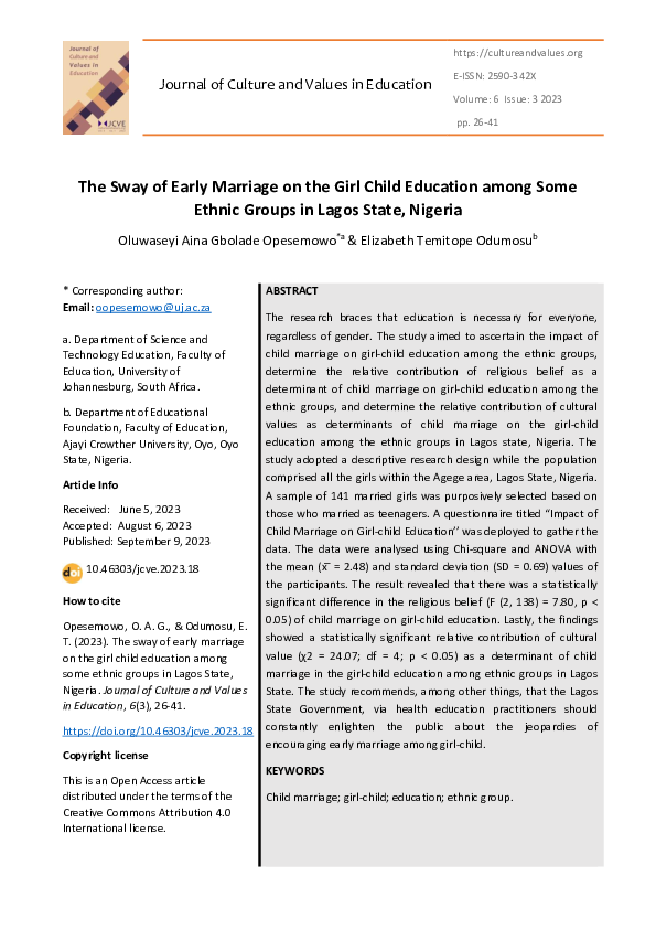 (PDF) The Sway of Early Marriage on the Girl Child Education among Some ...
