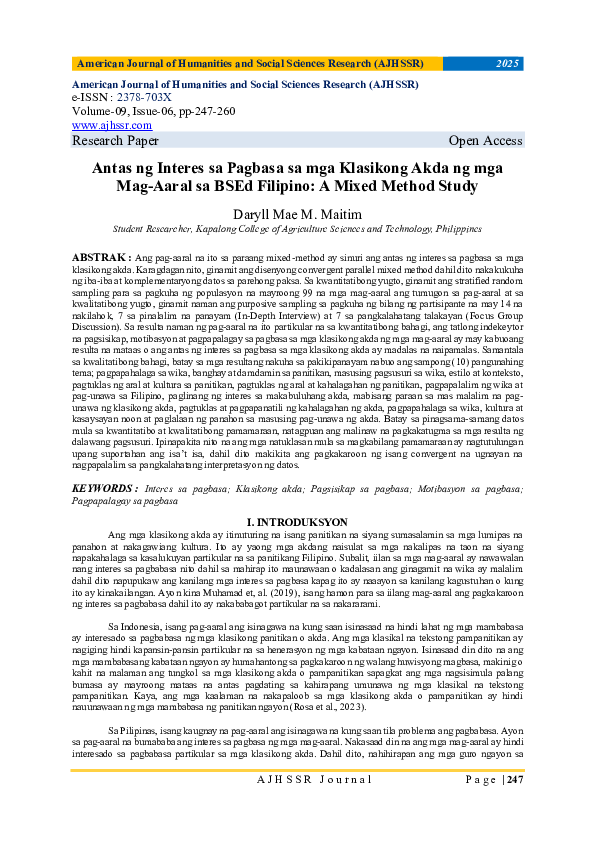 (PDF) Antas ng Interes sa Pagbasa sa mga Klasikong Akda ng mga Mag-Aaral sa BSEd Filipino: A ...