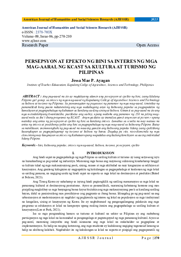 (PDF) PERSEPSYON AT EPEKTO NG BINI SA INTERES NG MGA MAG-AARAL NG KCAST SA KULTURA AT TURISMO NG ...