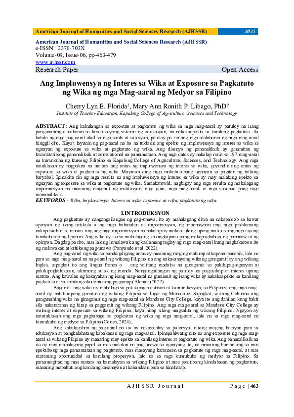 (PDF) Ang Impluwensya ng Interes sa Wika at Exposure sa Pagkatuto ng Wika ng mga Mag-aaral ng ...