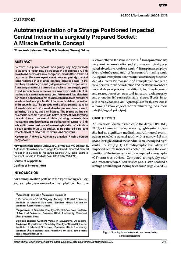 (PDF) Autotransplantation of a Strange Positioned Impacted Central ...