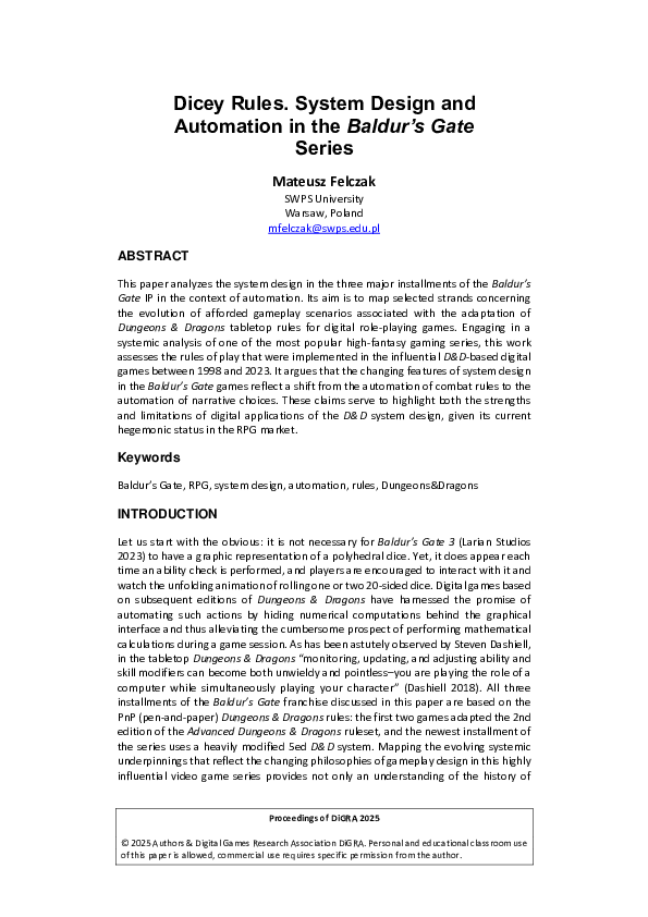 (PDF) Dicey Rules. System Design and Automation in the Baldur's Gate Series