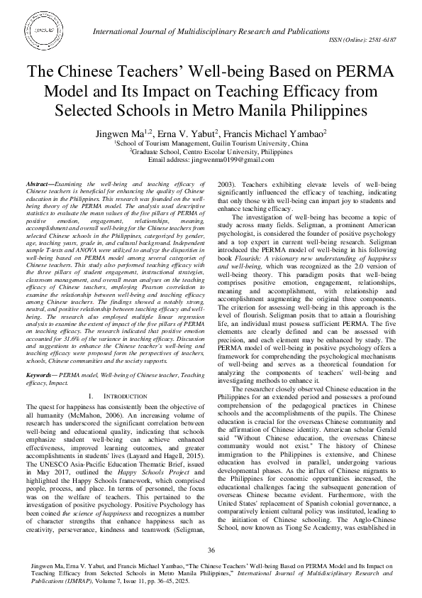 (PDF) The Chinese Teachers' Well-being Based on PERMA Model and Its ...