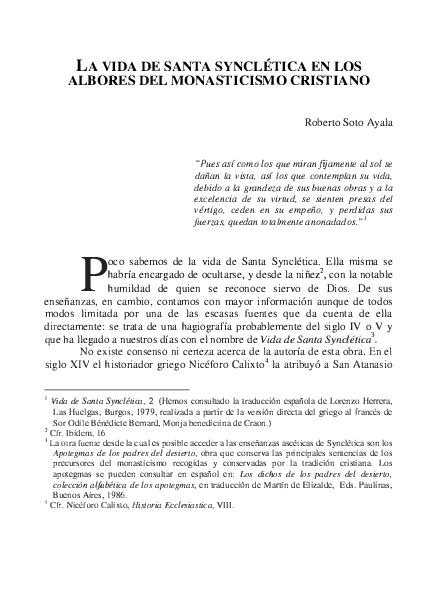(PDF) La vida de Santa Synclética en los albores del monasticismo cristiano