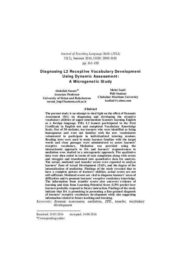 (PDF) Diagnosing L2 Receptive Vocabulary Development Using Dynamic ...