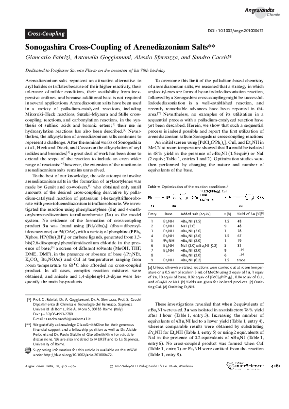 (PDF) Sonogashira Cross-Coupling of Arenediazonium Salts