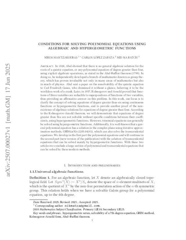 (PDF) CONDITIONS FOR SOLVING POLYNOMIAL EQUATIONS USING ALGEBRAIC AND HYPERGEOMETRIC FUNCTIONS