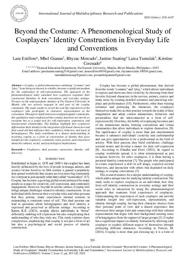 (PDF) Beyond the Costume: A Phenomenological Study of Cosplayers ...