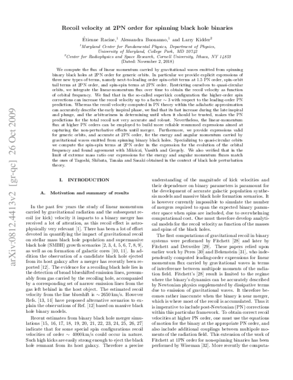 (PDF) Recoil velocity at second post-Newtonian order for spinning black hole binaries
