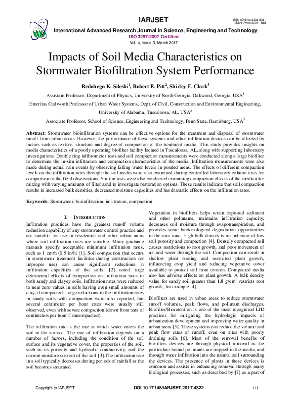 (PDF) Impacts of Soil Media Characteristics on Stormwater Biofiltration ...