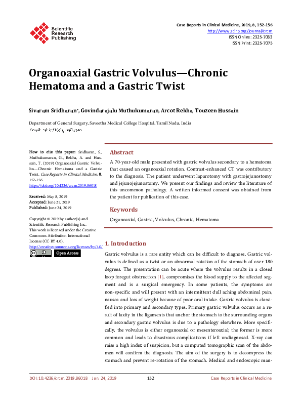 (PDF) Organoaxial Gastric Volvulus—Chronic Hematoma and a Gastric Twist