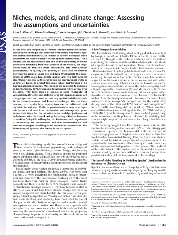 (PDF) Niches, models, and climate change: Assessing the assumptions and ...