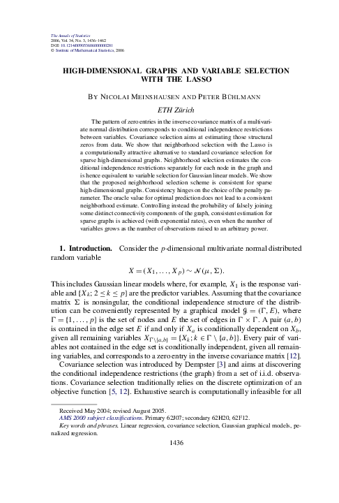(PDF) High-dimensional graphs and variable selection with the Lasso
