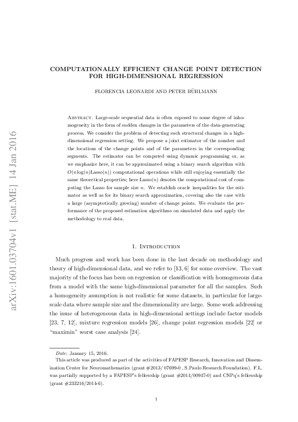 (PDF) Computationally efficient change point detection for high-dimensional regression