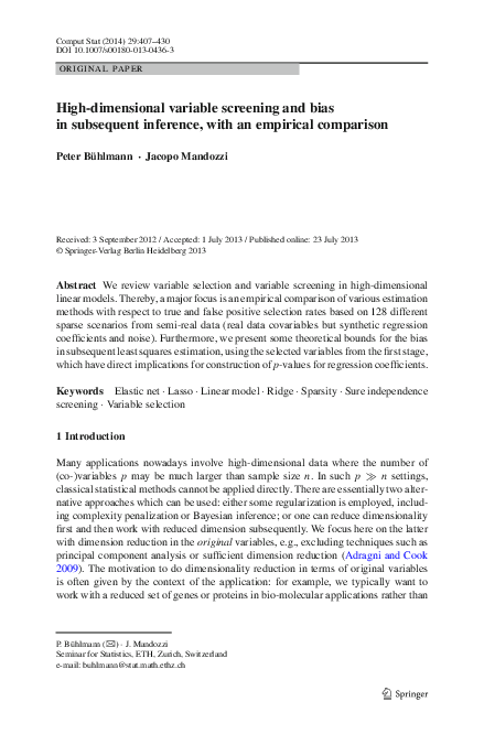 (PDF) High-dimensional variable screening and bias in subsequent ...