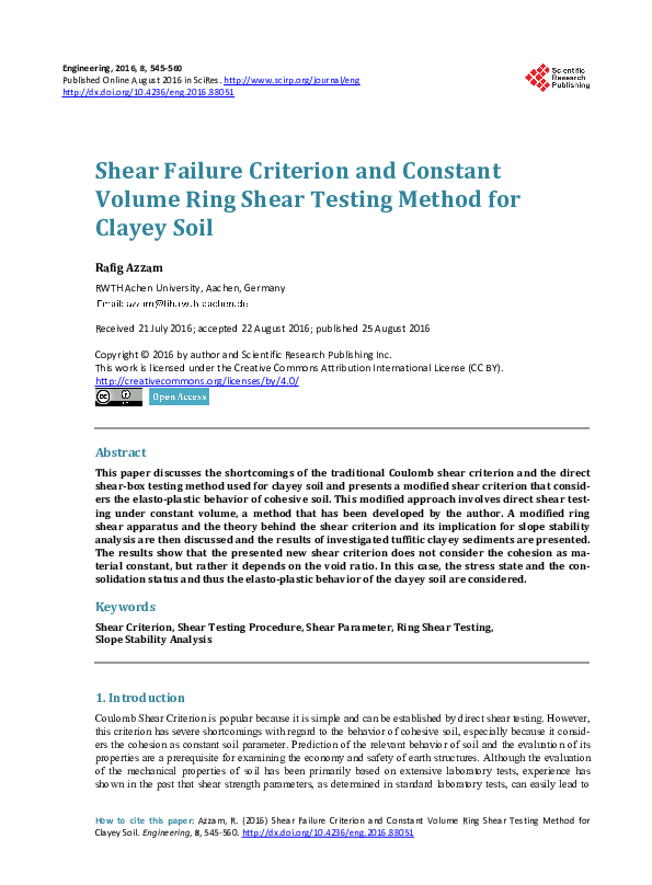 (PDF) Shear Failure Criterion and Constant Volume Ring Shear Testing ...