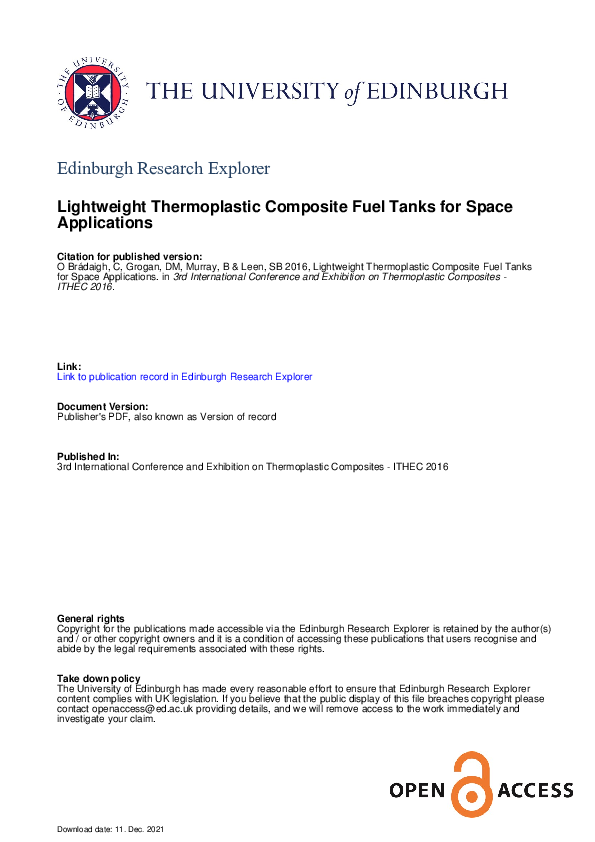(PDF) Lightweight Thermoplastic Composite Fuel Tanks for Space Applications