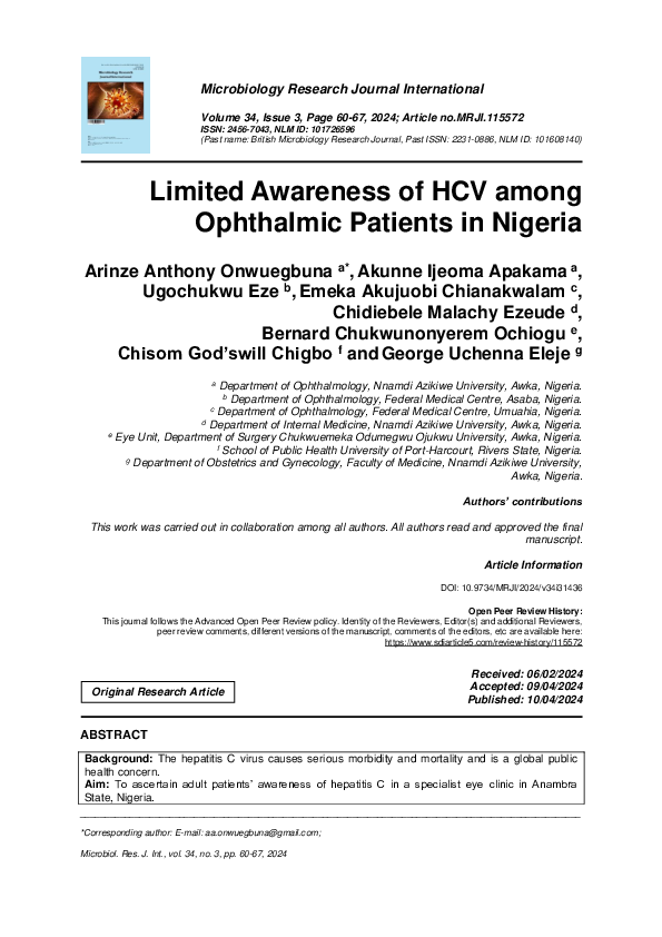 (PDF) Limited Awareness of HCV among Ophthalmic Patients in Nigeria