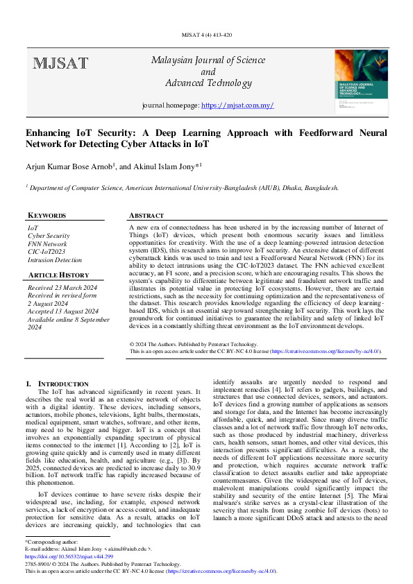 (PDF) Enhancing IoT Security: A Deep Learning Approach with Feedforward Neural Network for ...