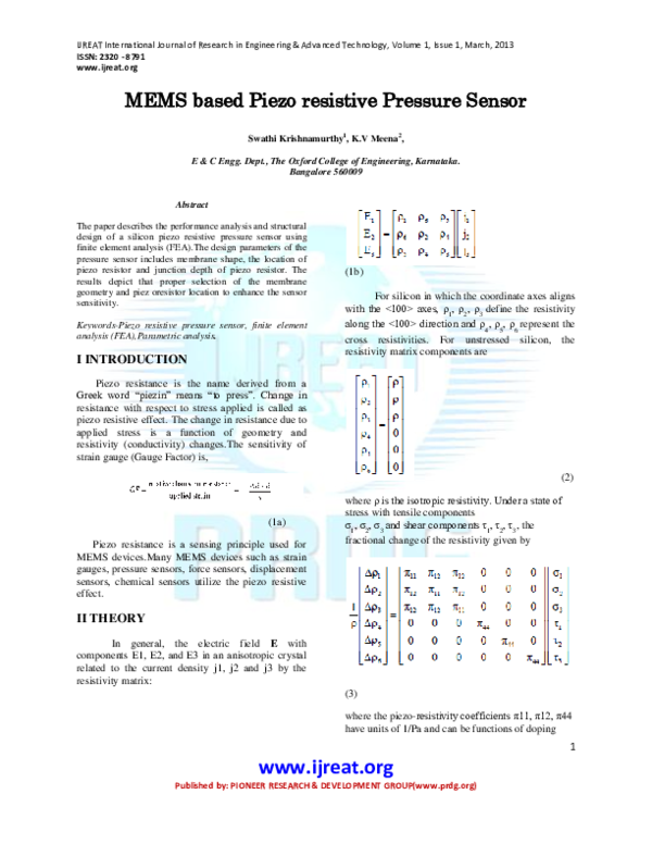 (PDF) MEMS based Piezo resistive Pressure Sensor