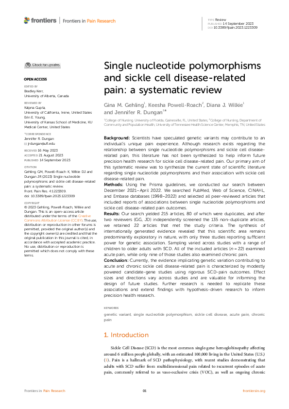 (PDF) Single nucleotide polymorphisms and sickle cell disease-related ...