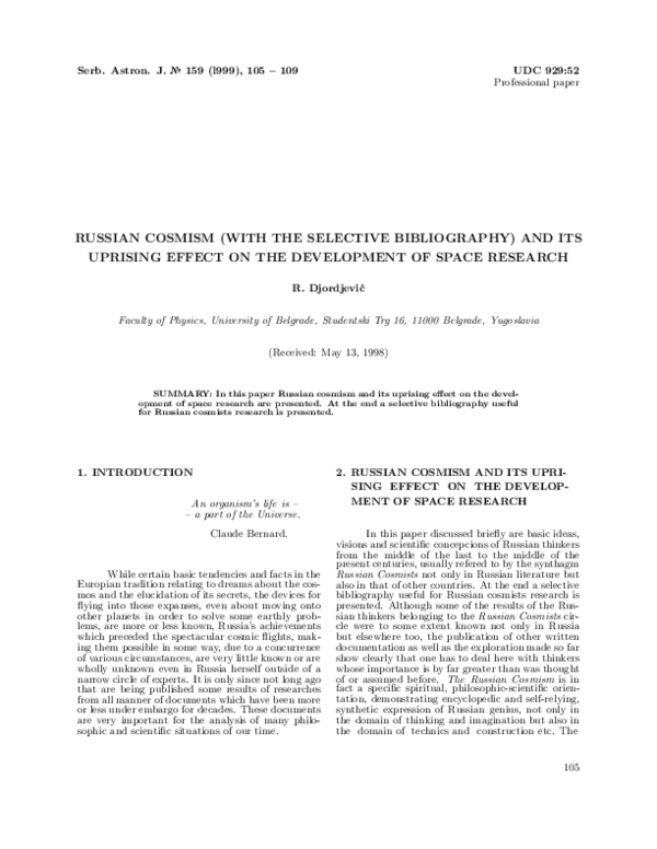 (PDF) Russian cosmism (with the selective bibliography) and its ...