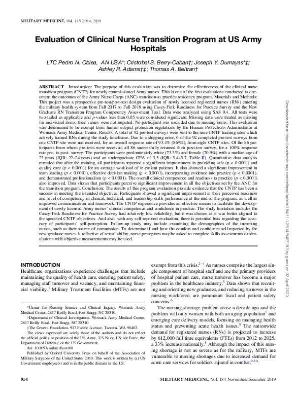 (PDF) Evaluation of Clinical Nurse Transition Program at US Army Hospitals
