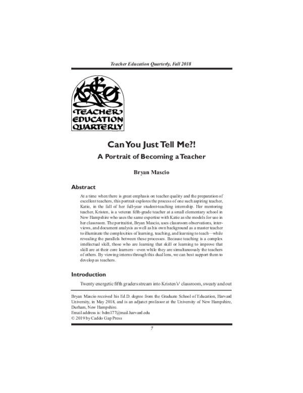 (PDF) Can You Just Tell Me?! A Portrait of Becoming A Teacher