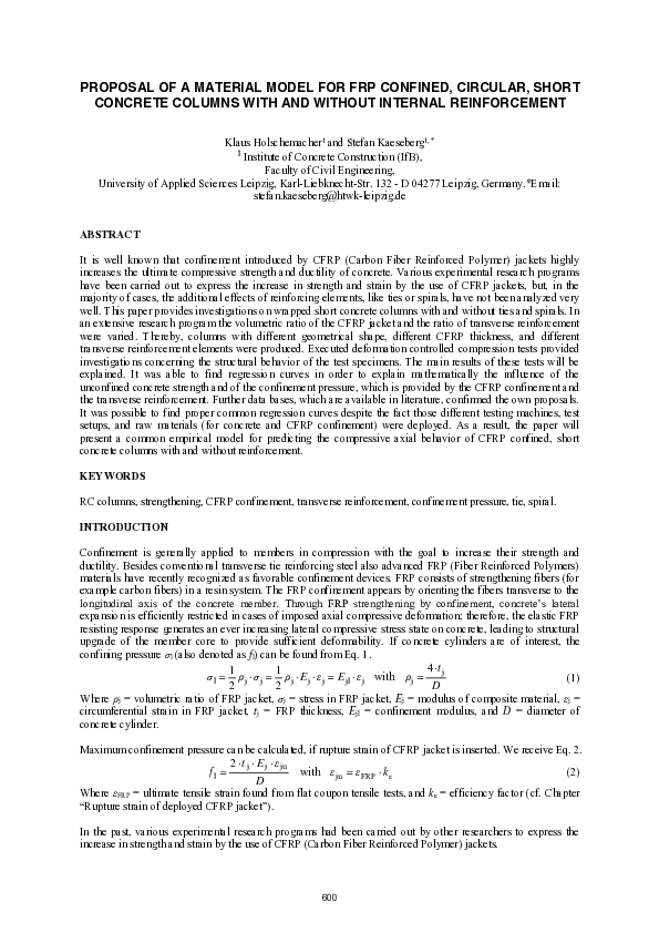 (PDF) Proposal of a material model for FRP confined, circular, short concrete columns with and ...