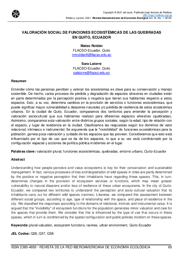(PDF) Valoración social de funciones ecosistémicas de las quebradas en Quito, Ecuador