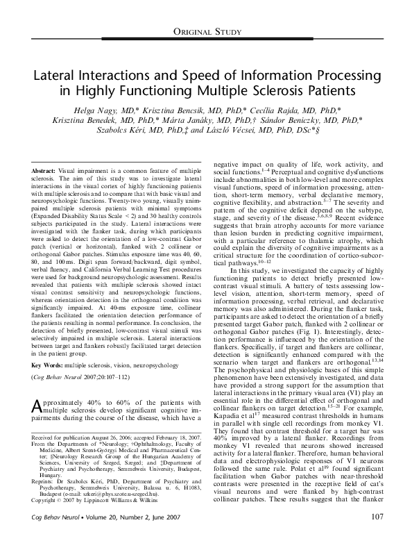 (PDF) Lateral Interactions and Speed of Information Processing in Highly Functioning Multiple ...