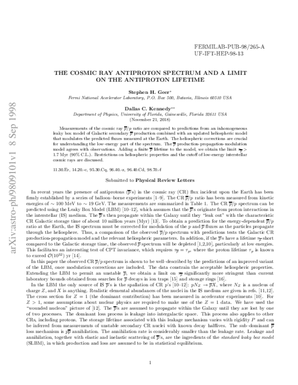 (PDF) The Cosmic Ray Antiproton Spectrum and a Limit on the Antiproton ...