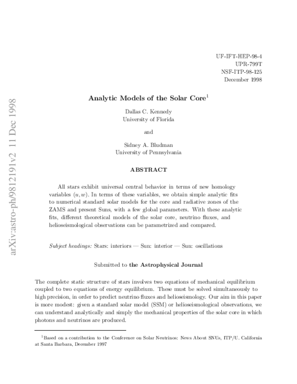 (PDF) Analytic Models of the Solar Core