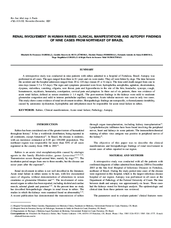 (PDF) Renal involvement in human rabies: clinical manifestations and ...