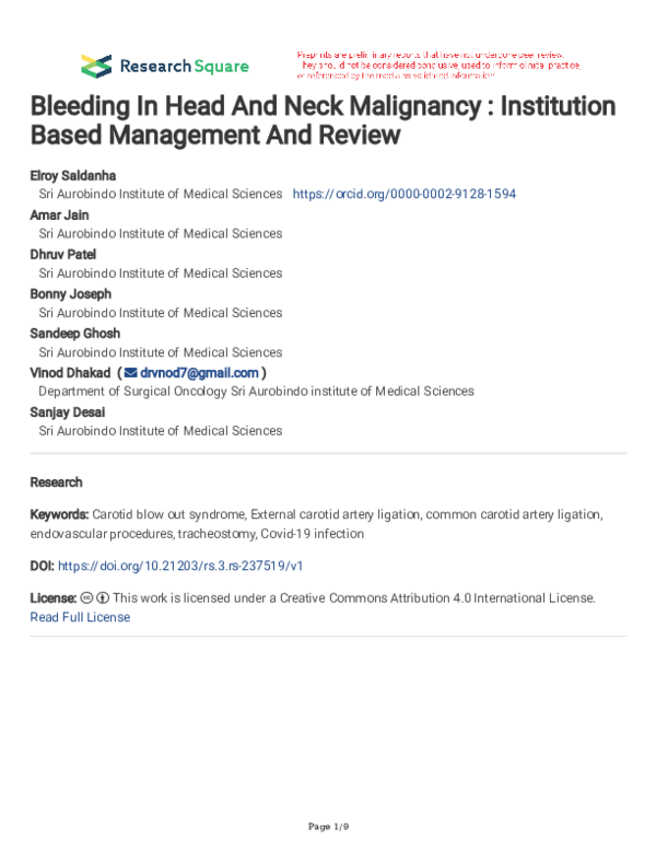 (PDF) Bleeding In Head And Neck Malignancy : Institution Based ...