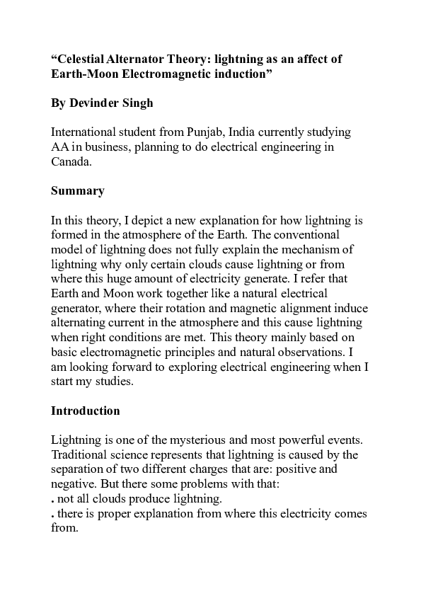 (PDF) "Celestial Alternator Theory: lightning as an affect of Earth-Moon Electromagnetic induction"