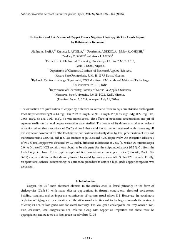 (PDF) Extraction and Purification of Copper from a Nigerian ...