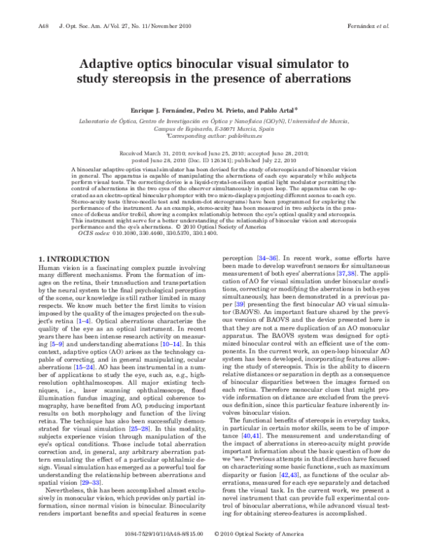 (PDF) Adaptive optics binocular visual simulator to study stereopsis in the presence of aberrations