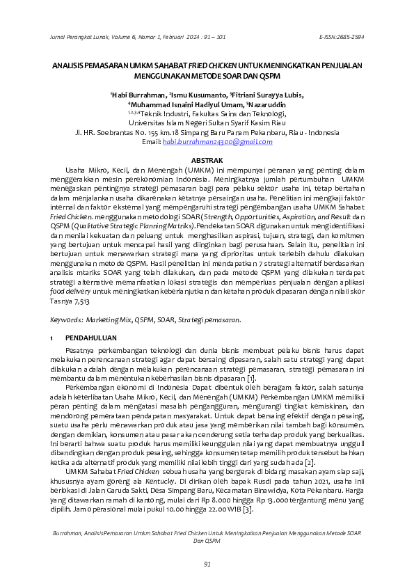(PDF) Analisis Pemasaran Umkm Sahabat Fried Chicken Untuk Meningkatkan Penjualan Menggunakan ...
